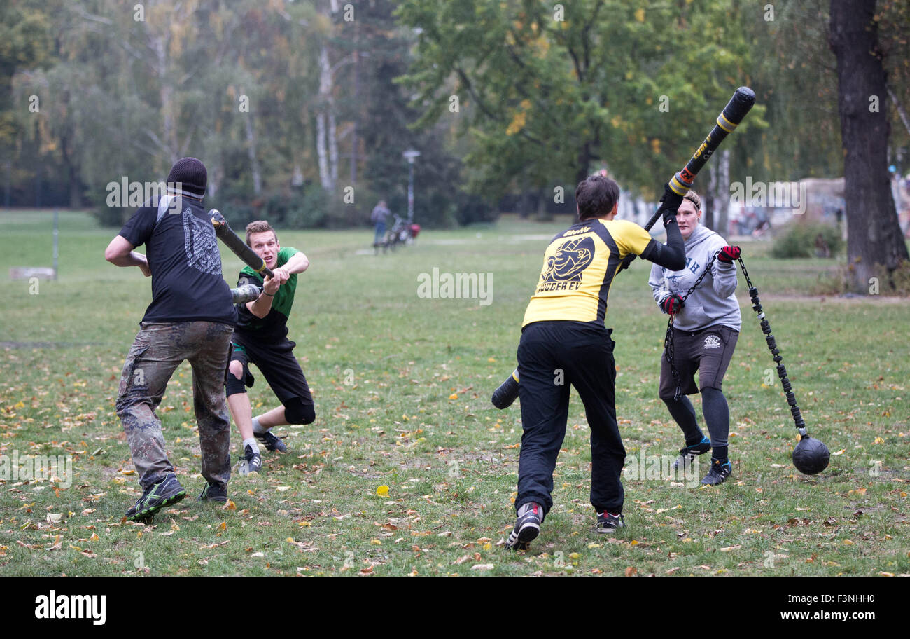 Berlin, Germany. 07th Oct, 2015. Members of Verein Jugger e.V. play ...