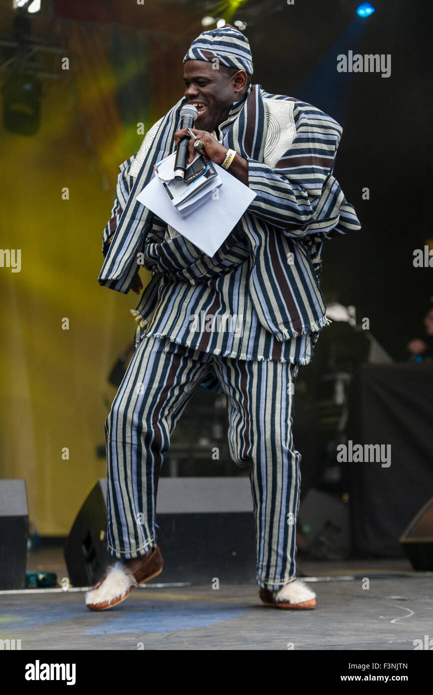 London, UK. 10 October 2015. The event MC on stage in front of ...
