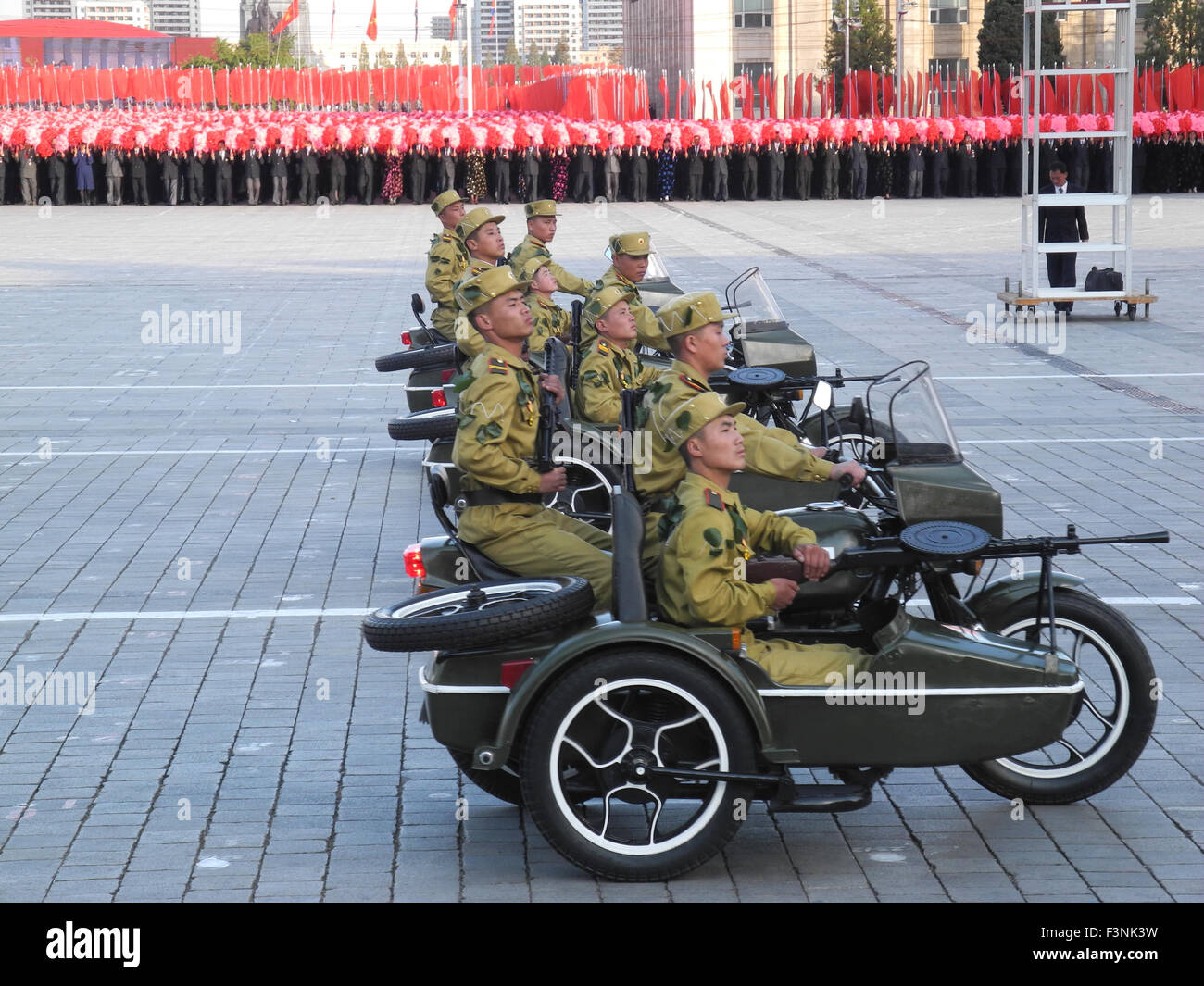 Pyongyang, North Korea. 10th Oct, 2015. Soldiers ride motorcycles with ...