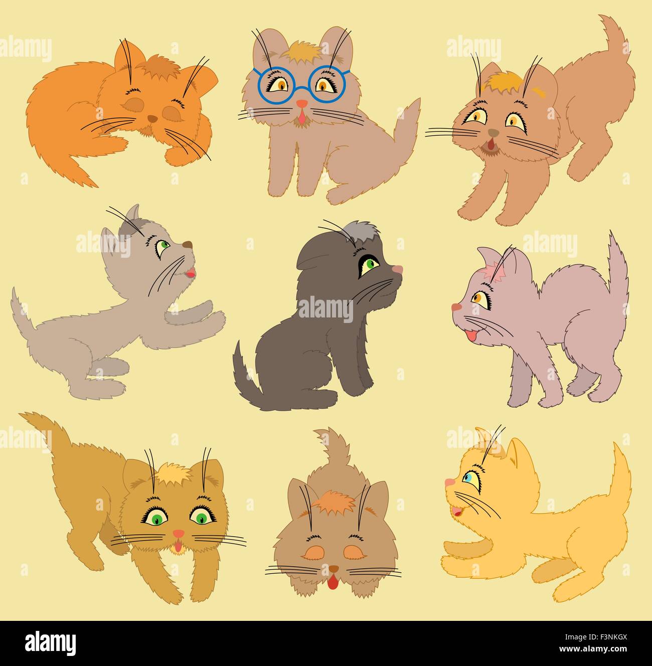 Set of nine various cartoon playful kittens. Vector hand drawing art ...