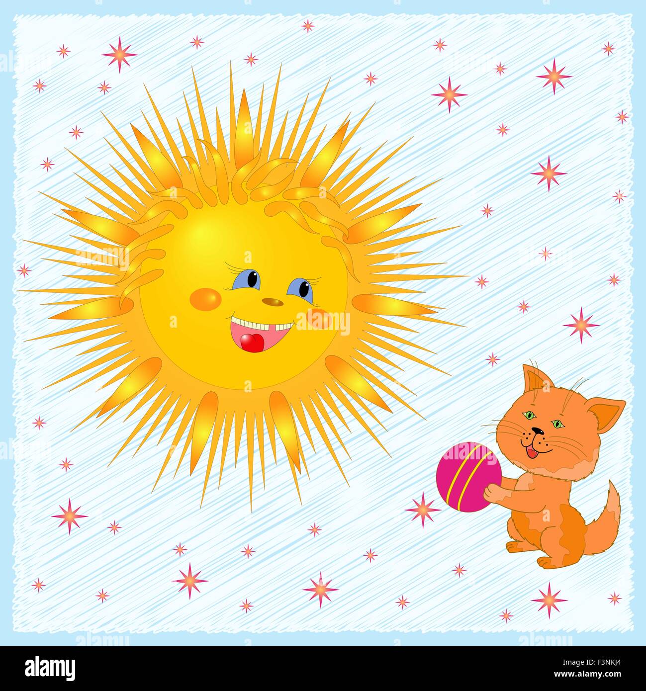 Smiling Sun and Kitten with a ball against the sky. Hand drawing ...