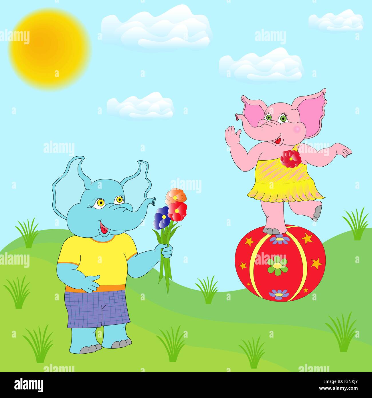 Male elephant with flowers greets female elephant that dances on the ...