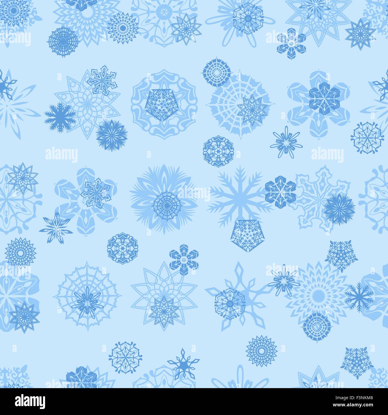 Blue different snowflakes on a blue background, hand drawing seamless ...