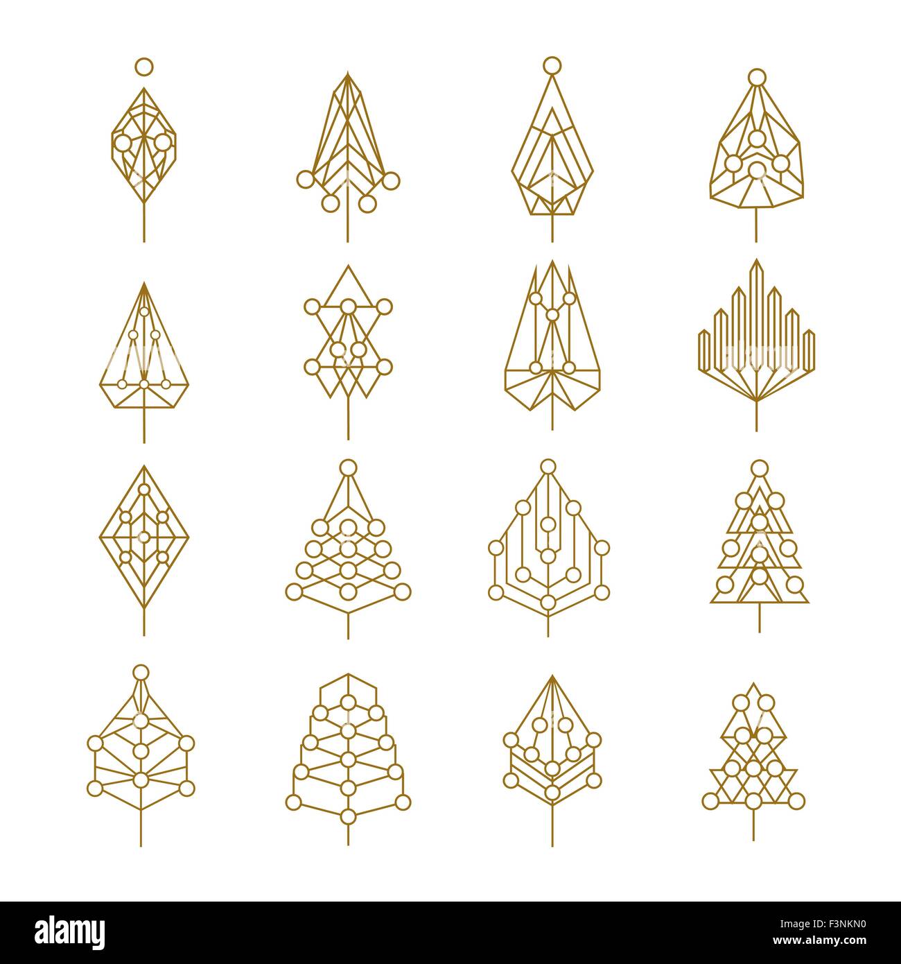Set of abstract outline style christmas pine trees with geometric ...