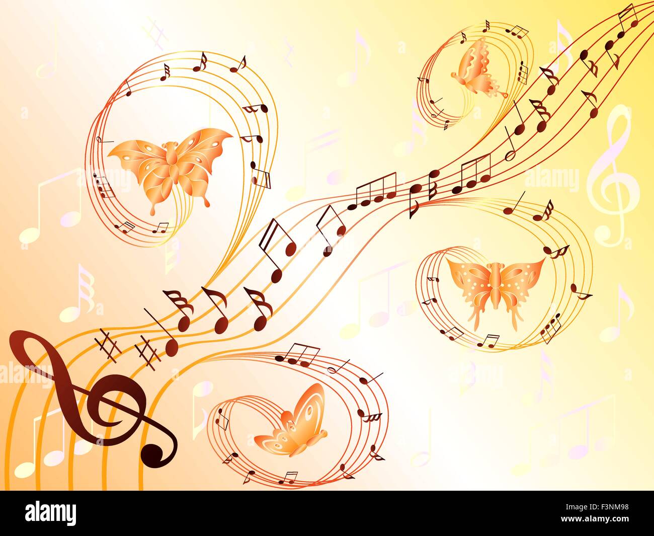 Various musical notes on stave and butterflies flying along, hand ...