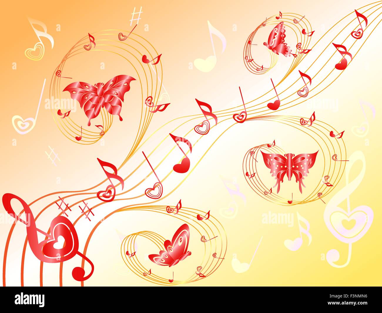 Various musical notes with hearts on stave and butterflies flying along ...