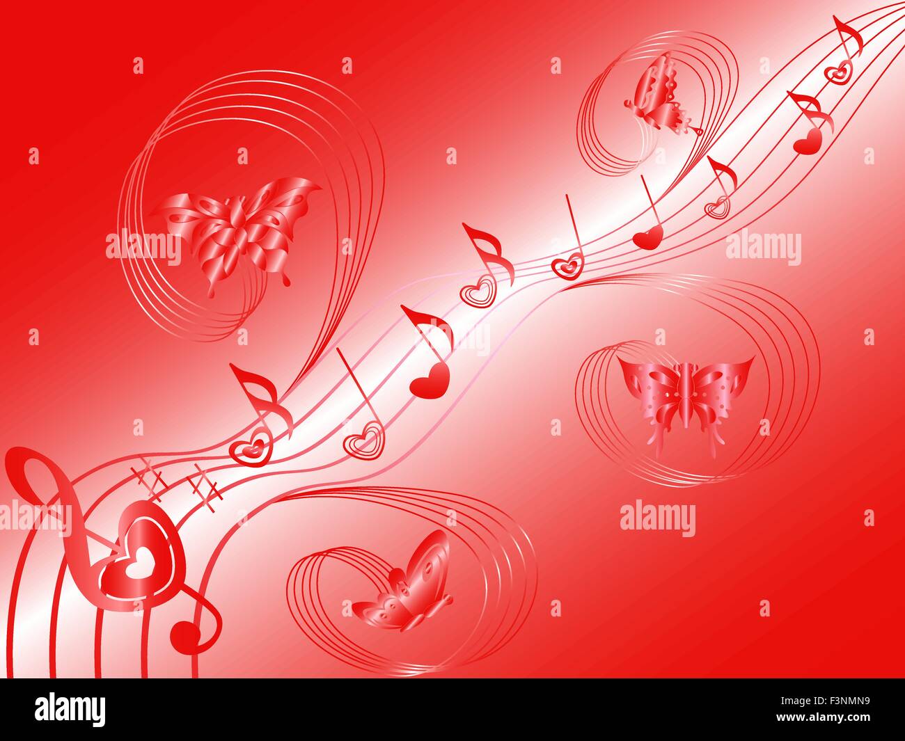 Various musical notes with hearts on stave and butterflies flying along ...