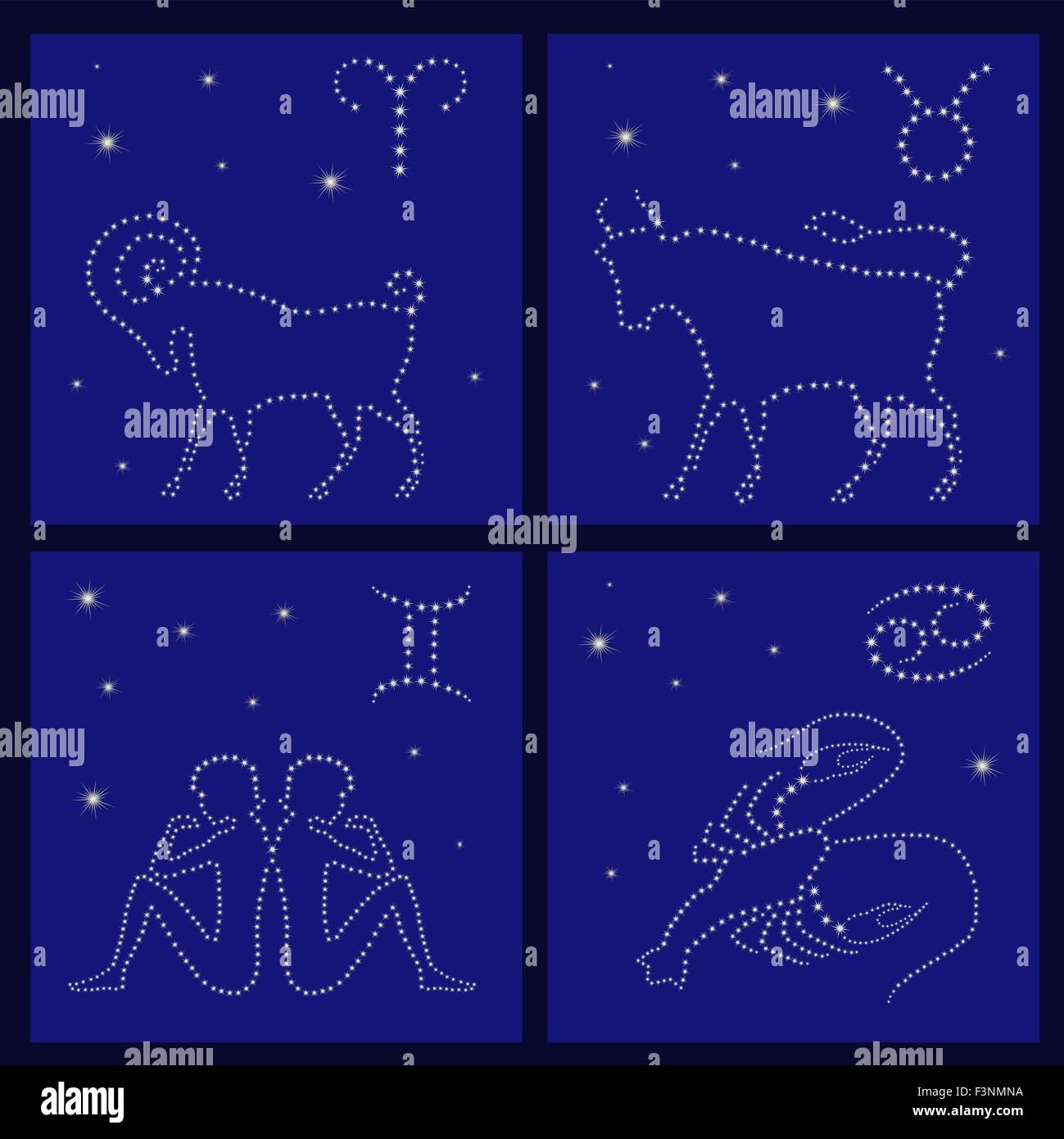 Four Zodiac signs on the starry sky vector illustration: Aries, Taurus ...