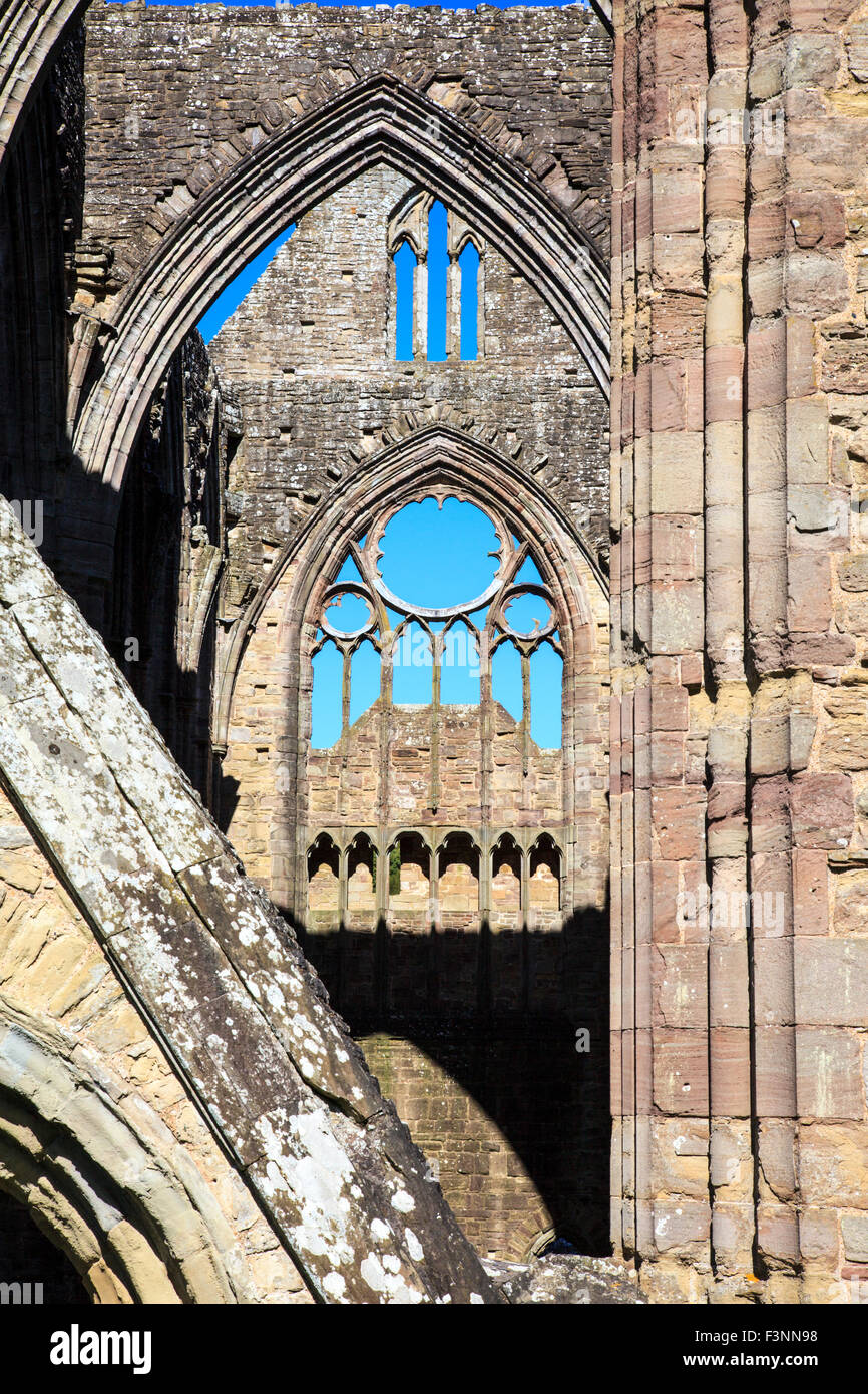 The ruined arched windows of Tintern Abbey, Monmouthshire, Wales Stock ...