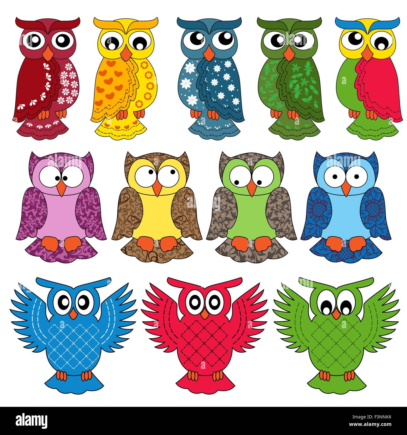 Set of eleven colourful vector owls isolated on white background Stock ...