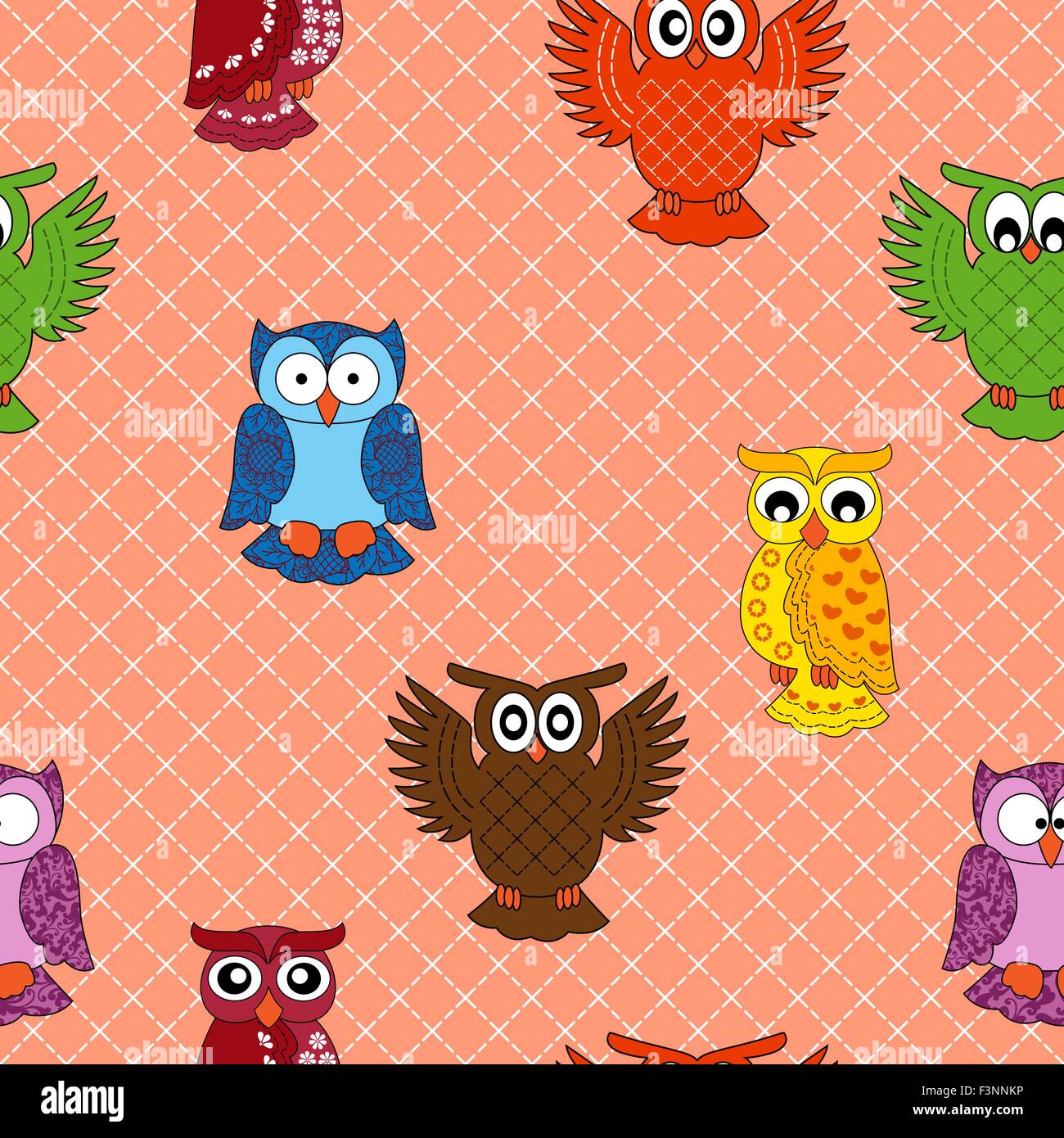 Colourful owl seamless pattern over seamless background, hand drawing ...