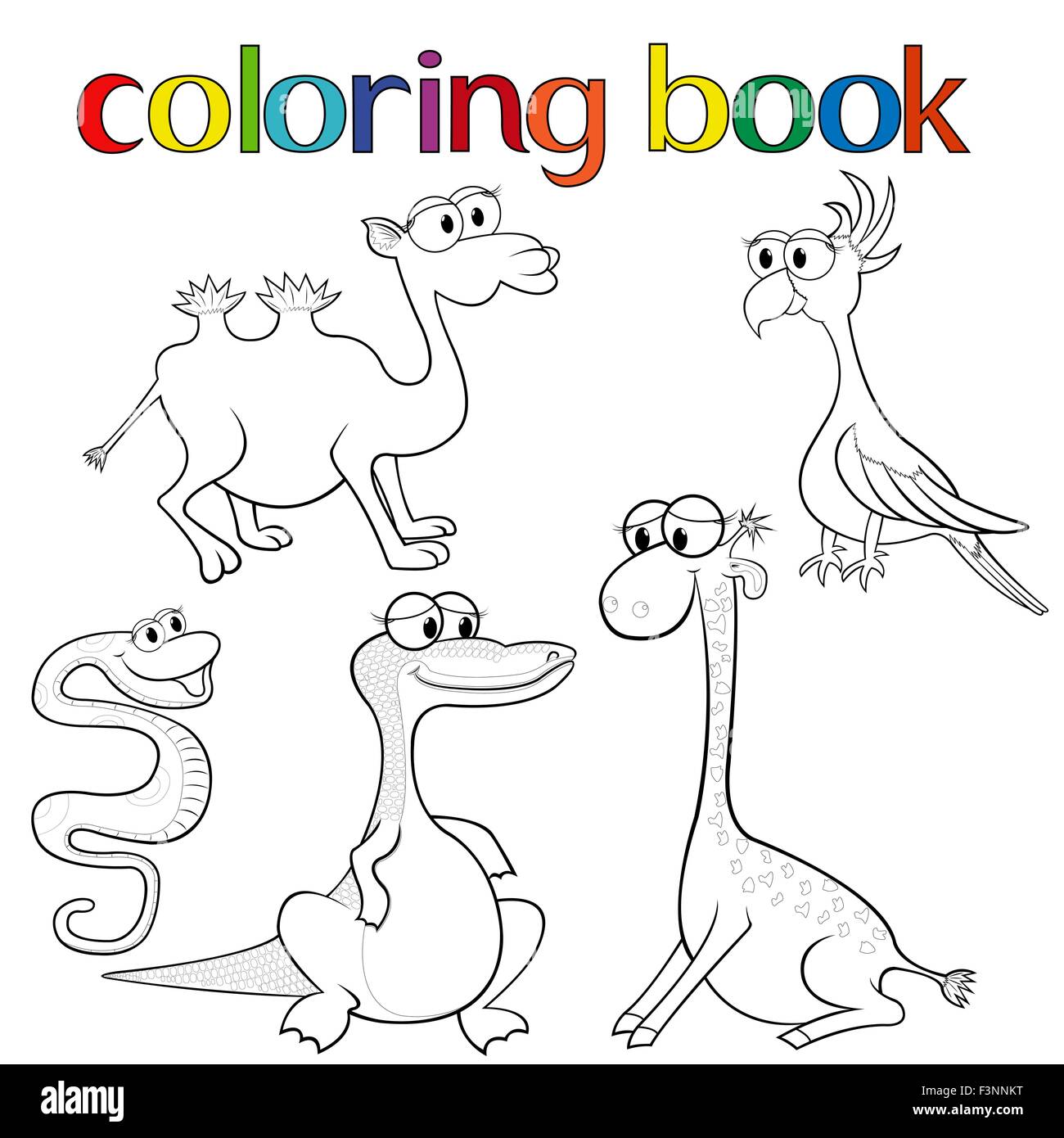 Set of animals for coloring book with giraffe, parrot, camel, boa ...