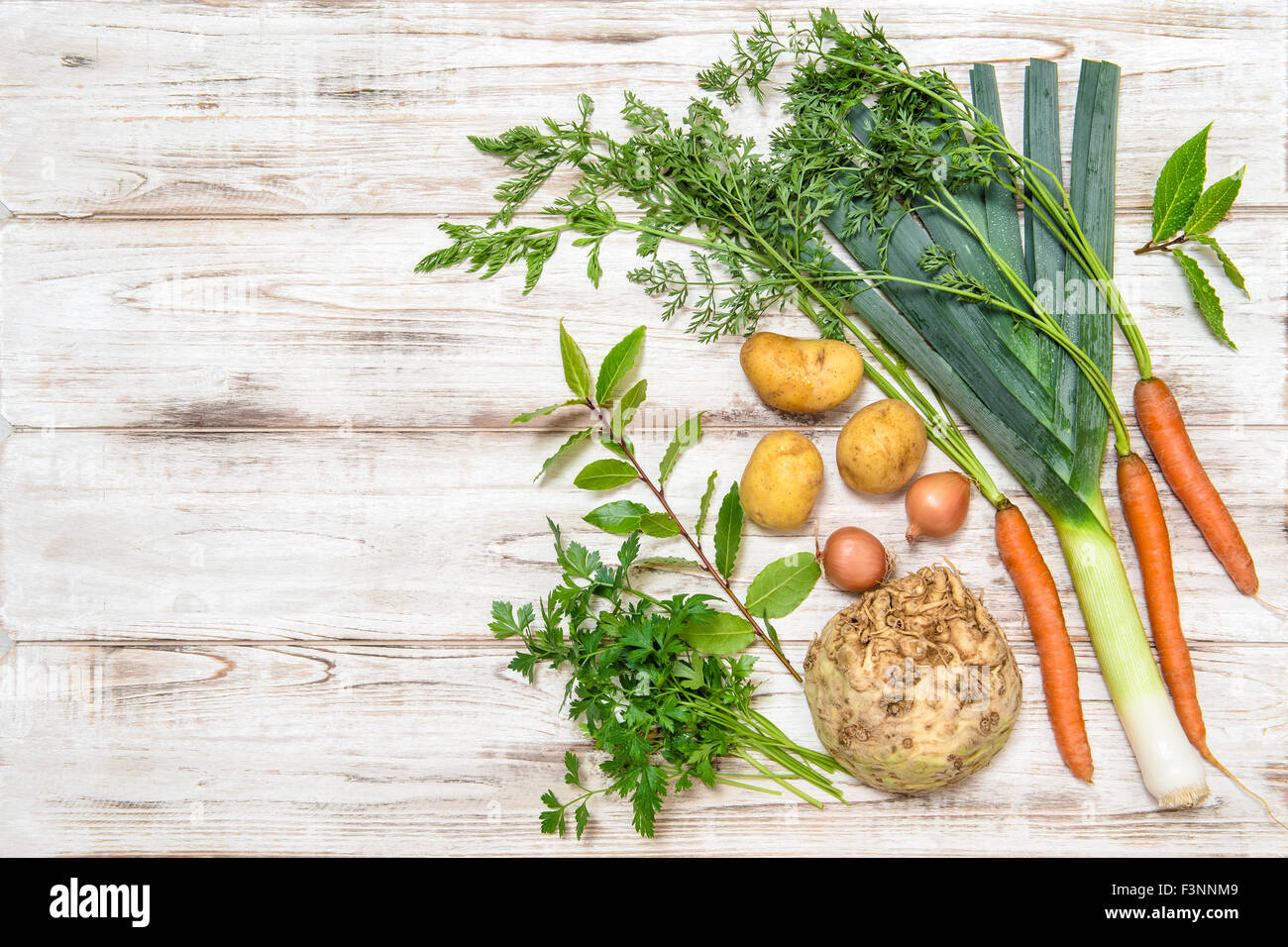 Vegetables mix for preparation of soup. Leek, carrots, onion, parsley ...