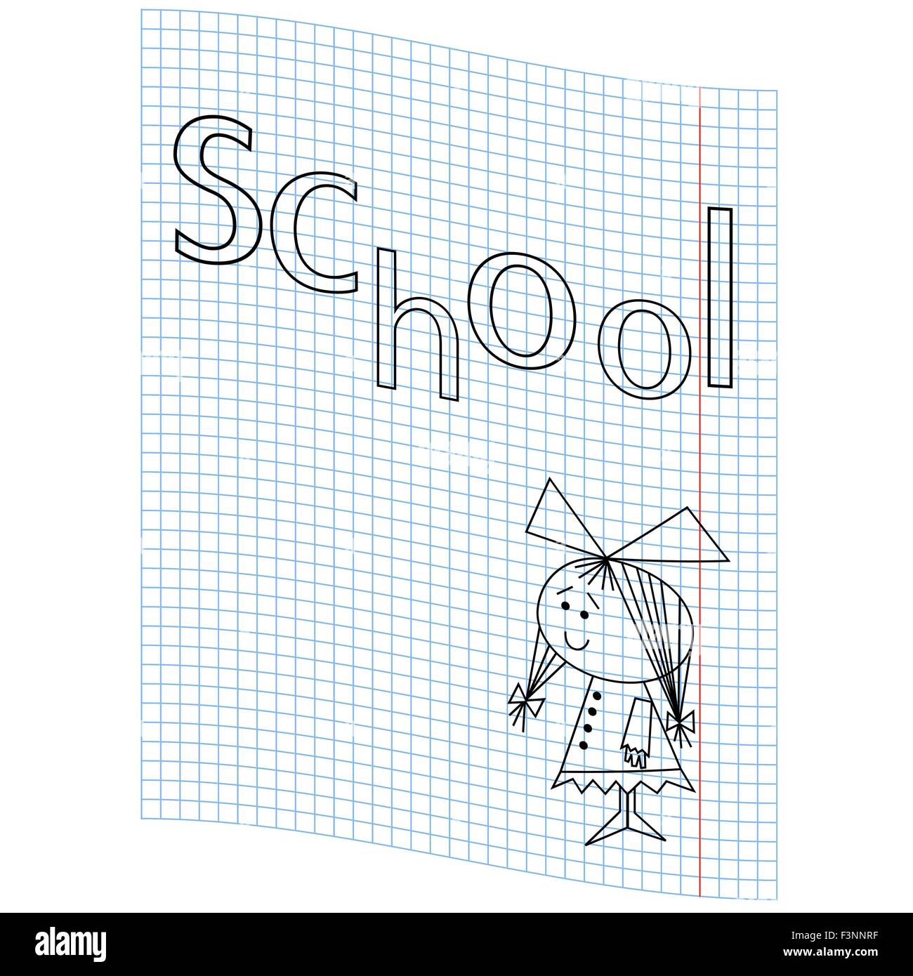 Schoolgirl and the word school on a notebook sheet, vector illustration ...
