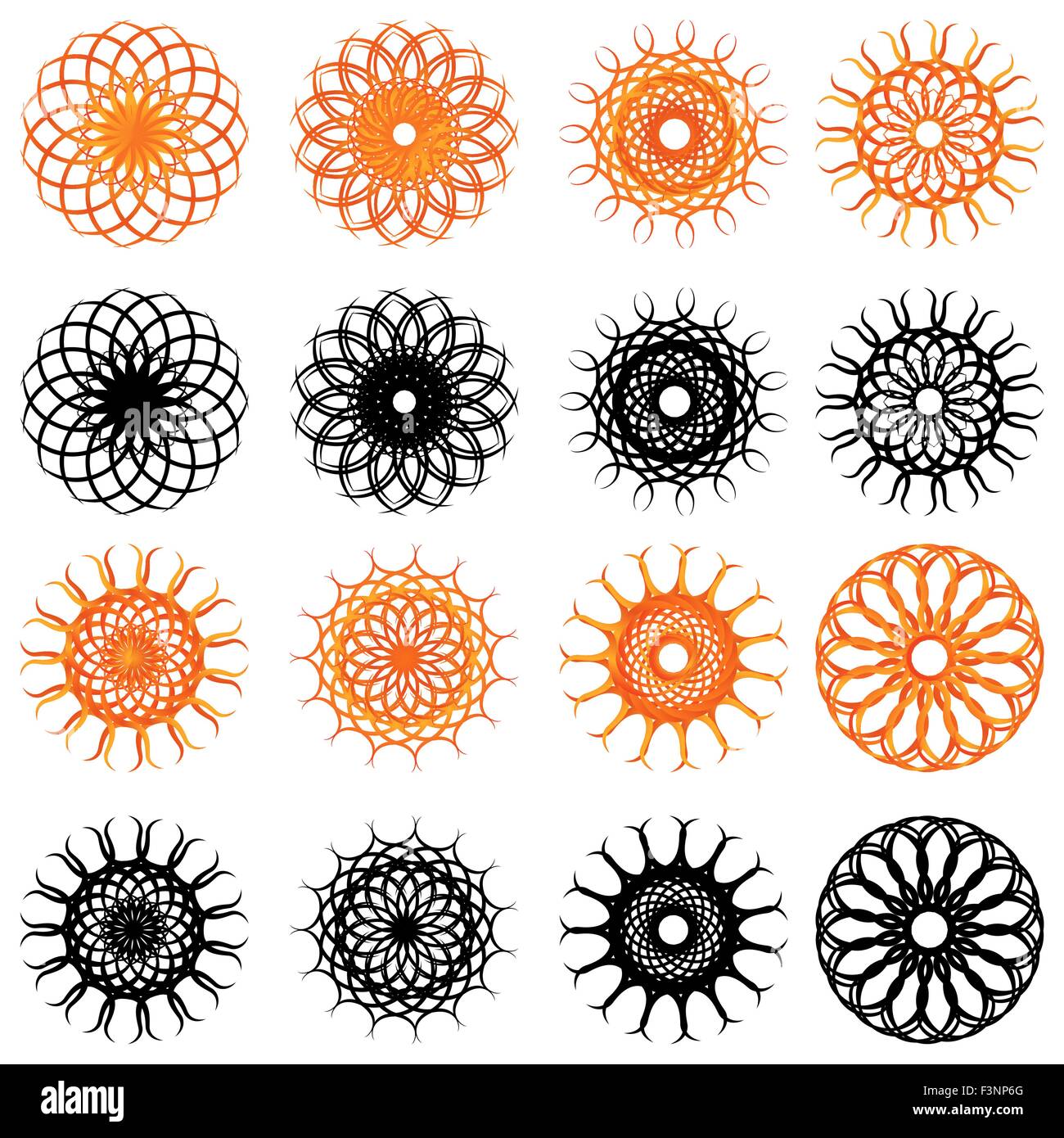 Set of eight abstract swirl rounded shapes in orange gradient hues and ...
