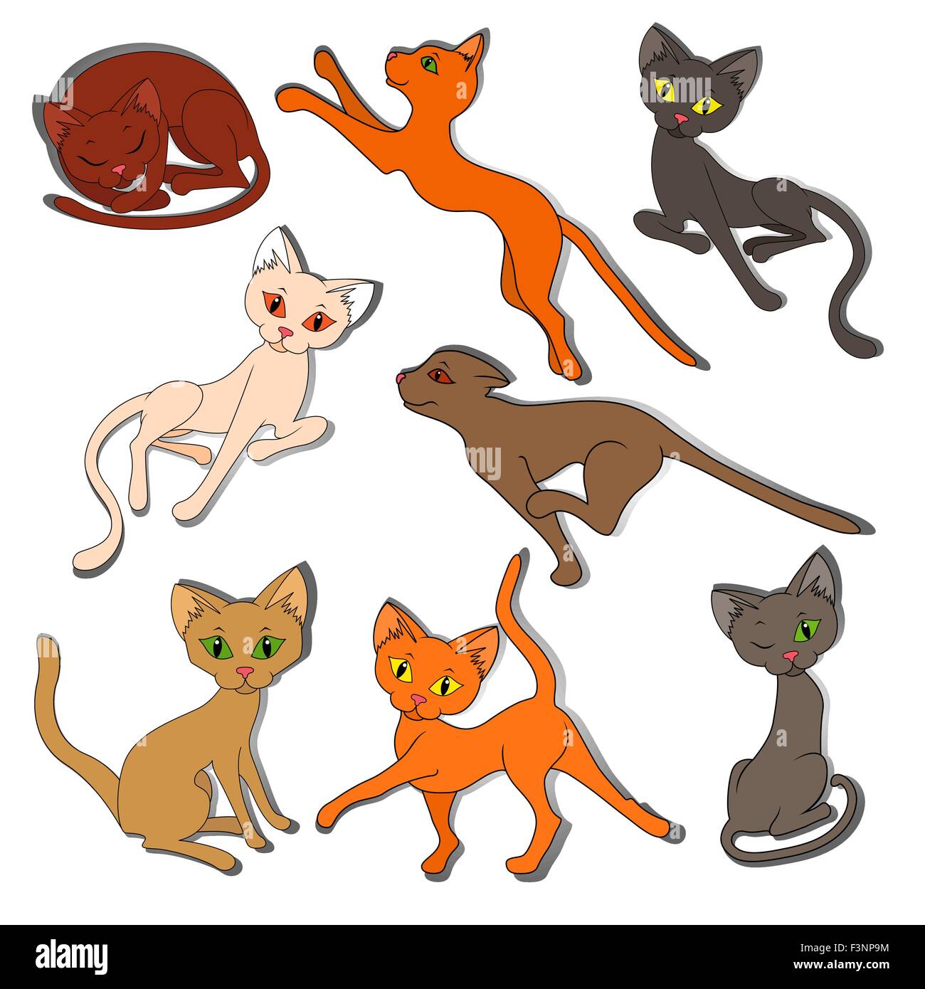 Set of eight colorful funny cats isolated on a white background, hand ...