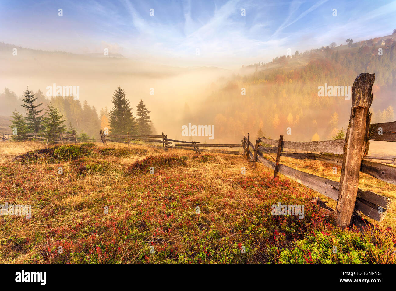 Colorful autumn landscape scene with fence in Transylvania mountain ...