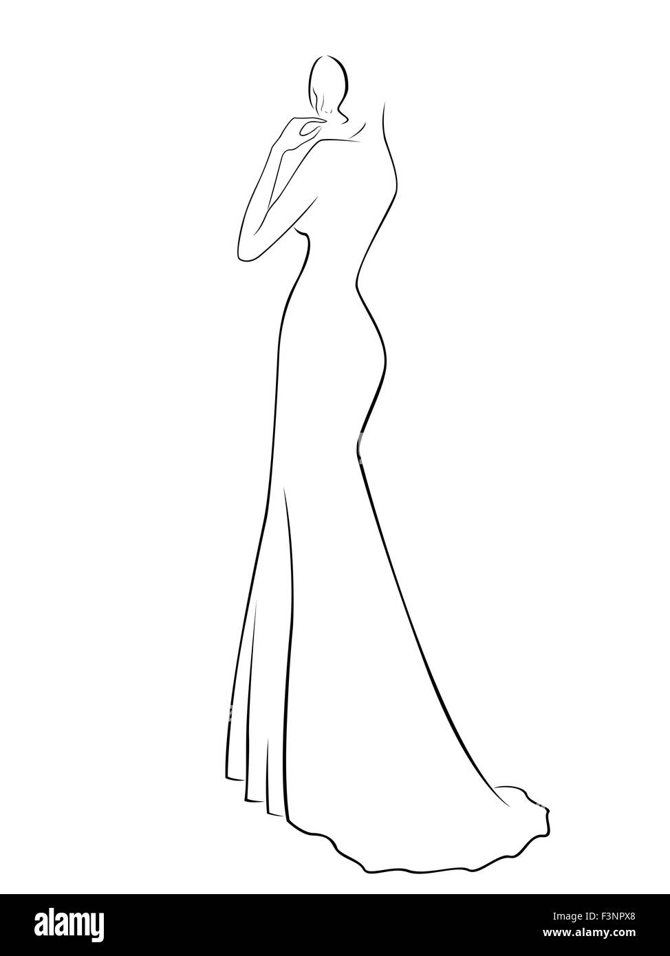 Abstract woman contour in a long gown, hand drawing vector illustration ...