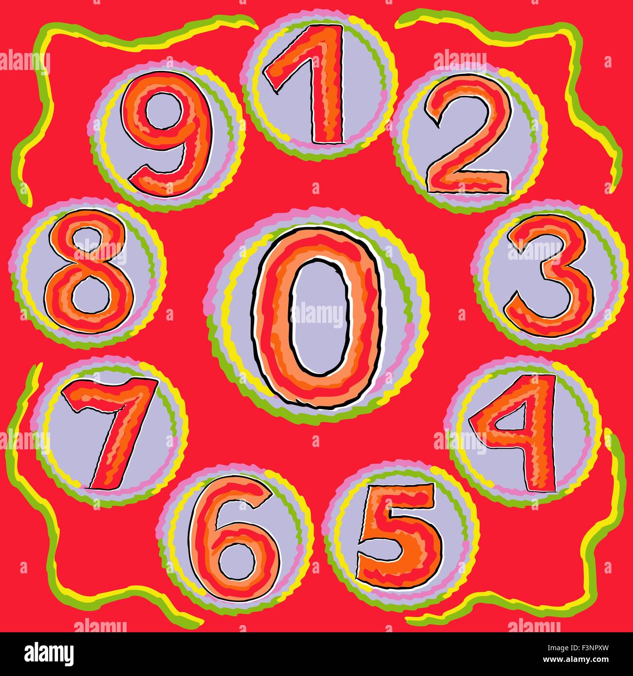 Set of numbers from zero to nine are placed in a circle, hand drawing ...