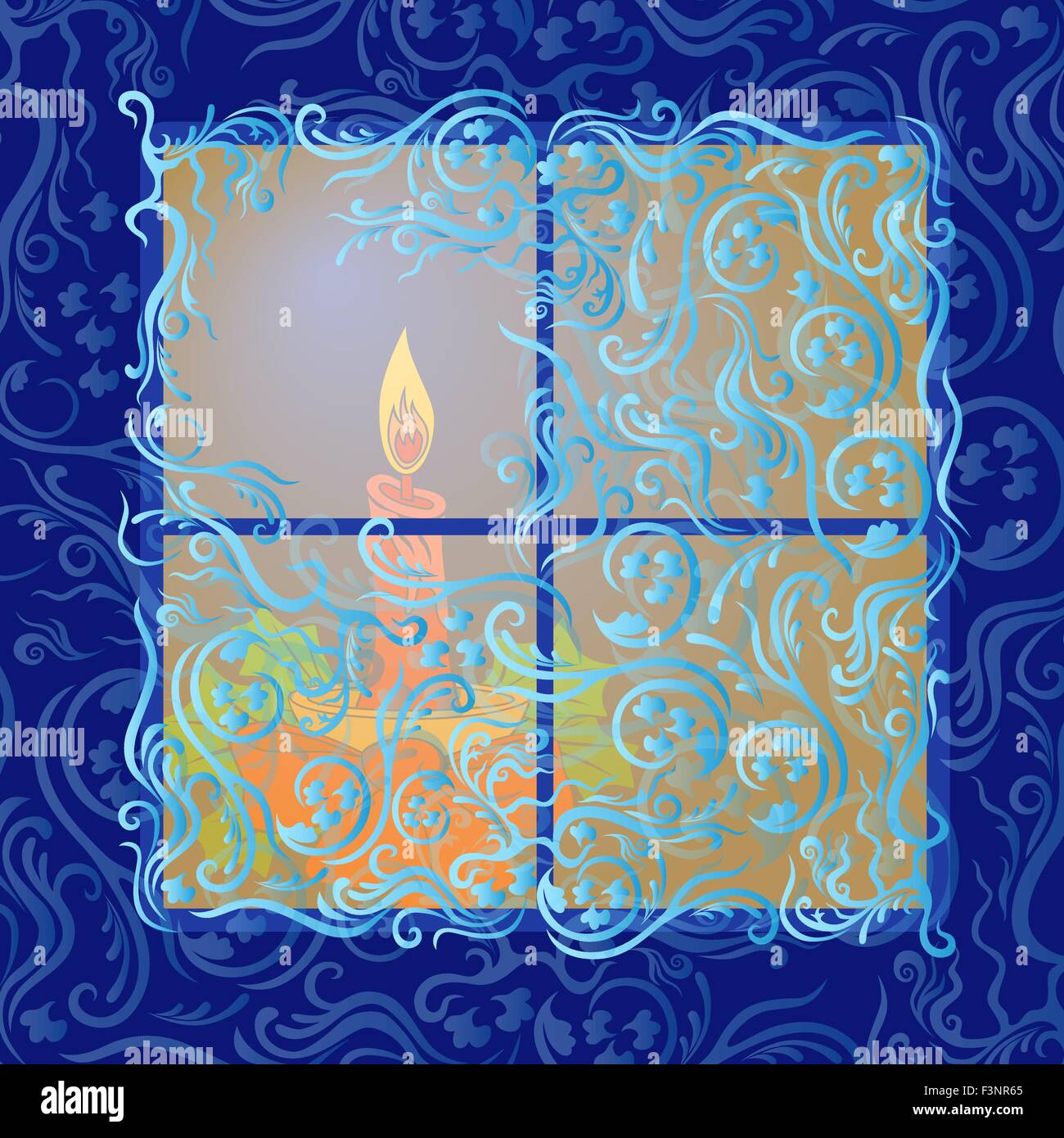 Candle that shines visible through the evening frozen window, hand ...