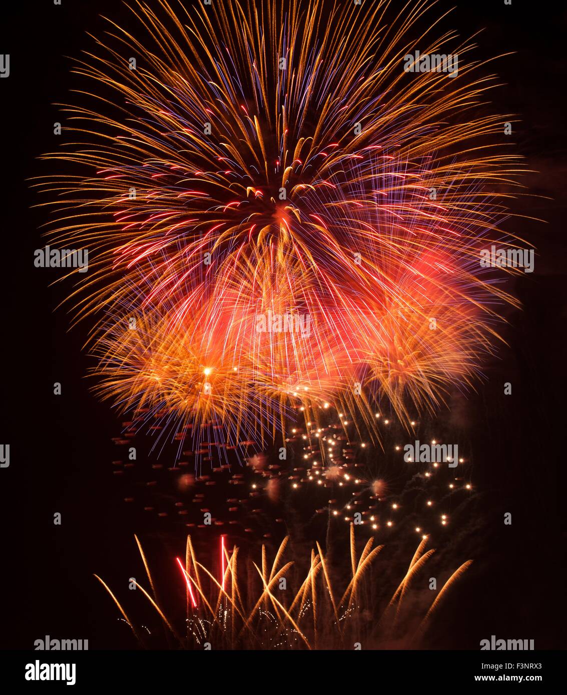 Colorful golden amazing fireworks in dark sky background, Malta ...