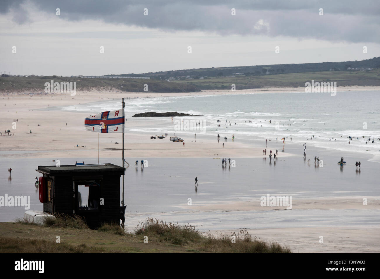 RNLI lifeguard hut over looking Gwithian beach in Cornwall Stock Photo ...