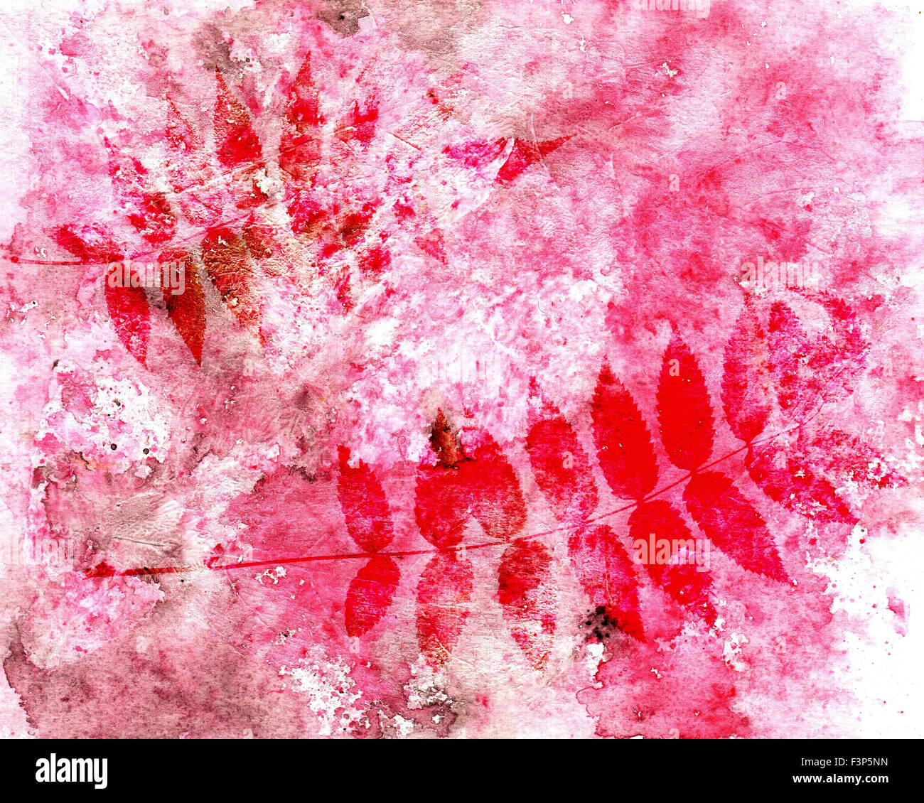 Abstract watercolor background and rowan leaves. Mixed media Stock ...