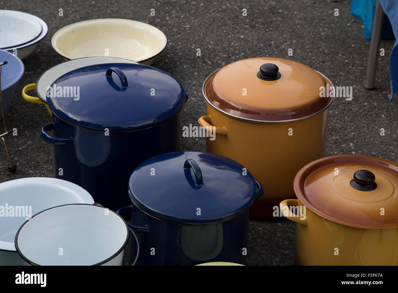 Collection of random pots and kitchen ware at a flea market Stock Photo ...
