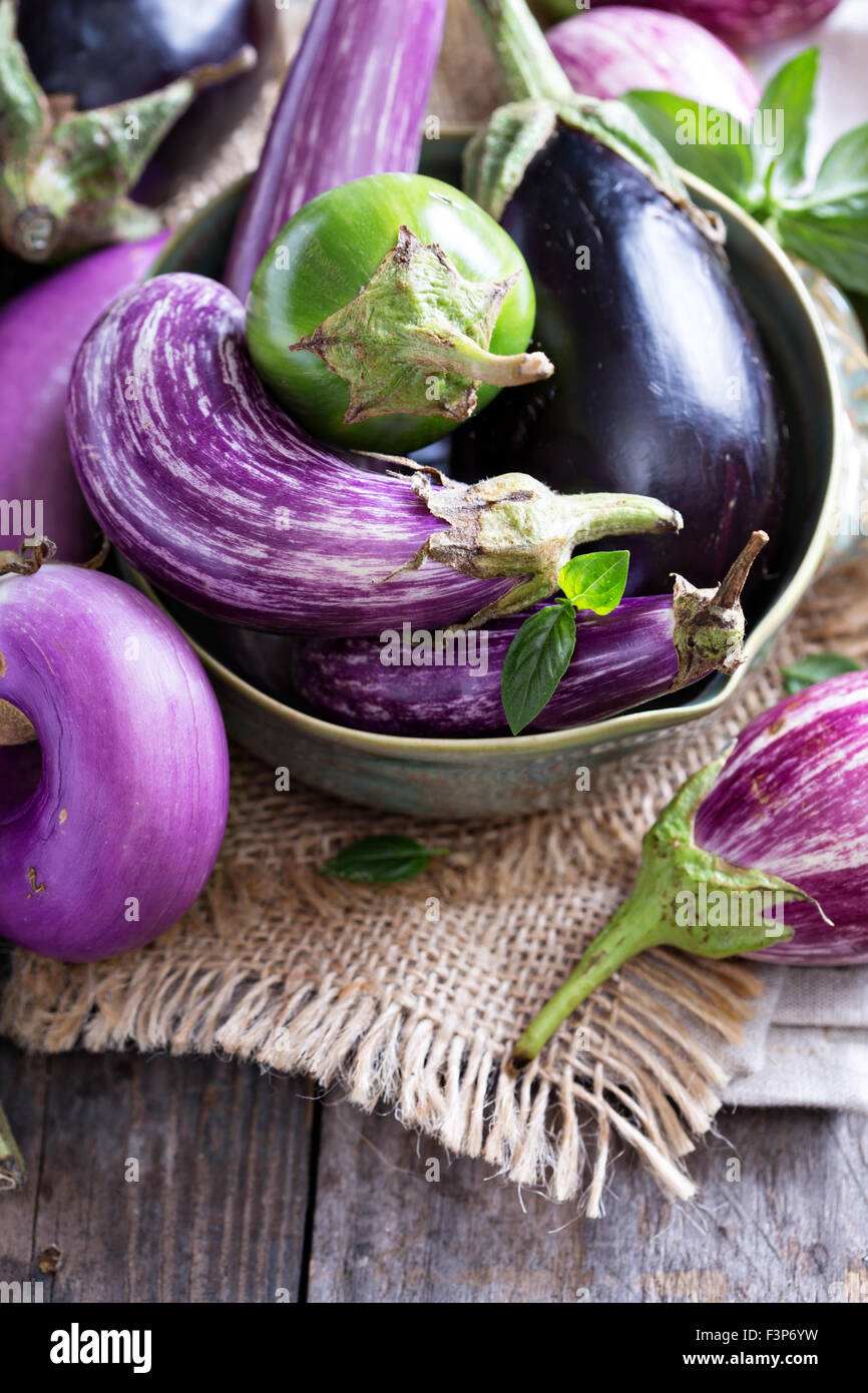 Eggplants of different color and variety on the table Stock Photo - Alamy