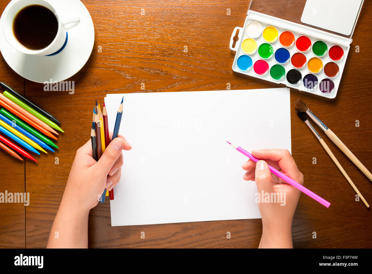 top view of a hand with pencil and blank sheet of paper Stock Photo - Alamy