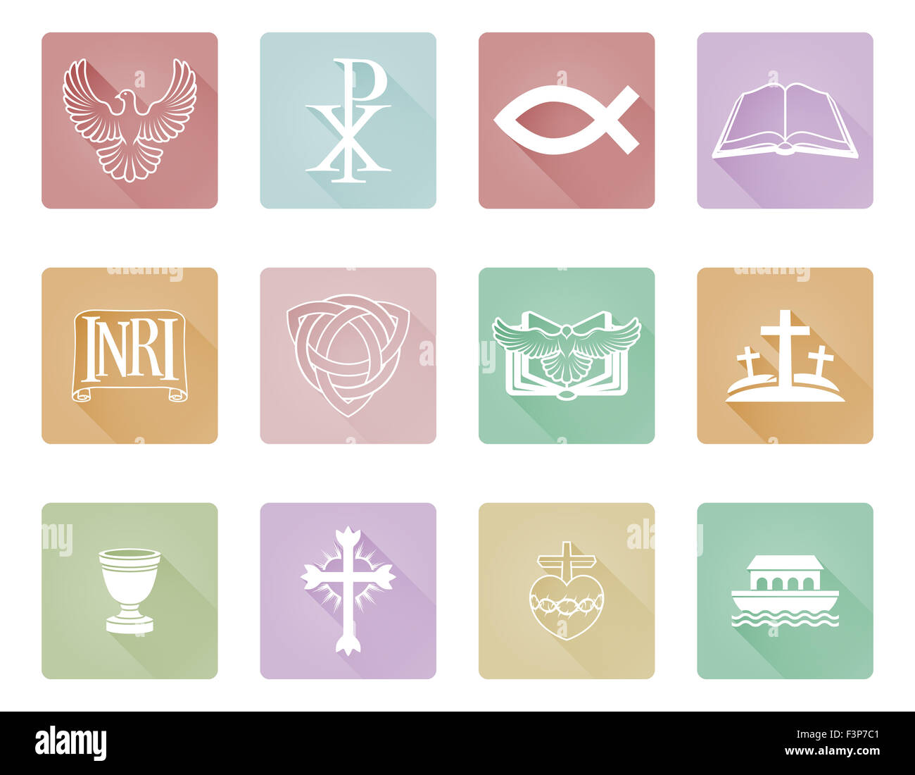 A set of Christian icons and symbols inclusing cross and Christian fish ...