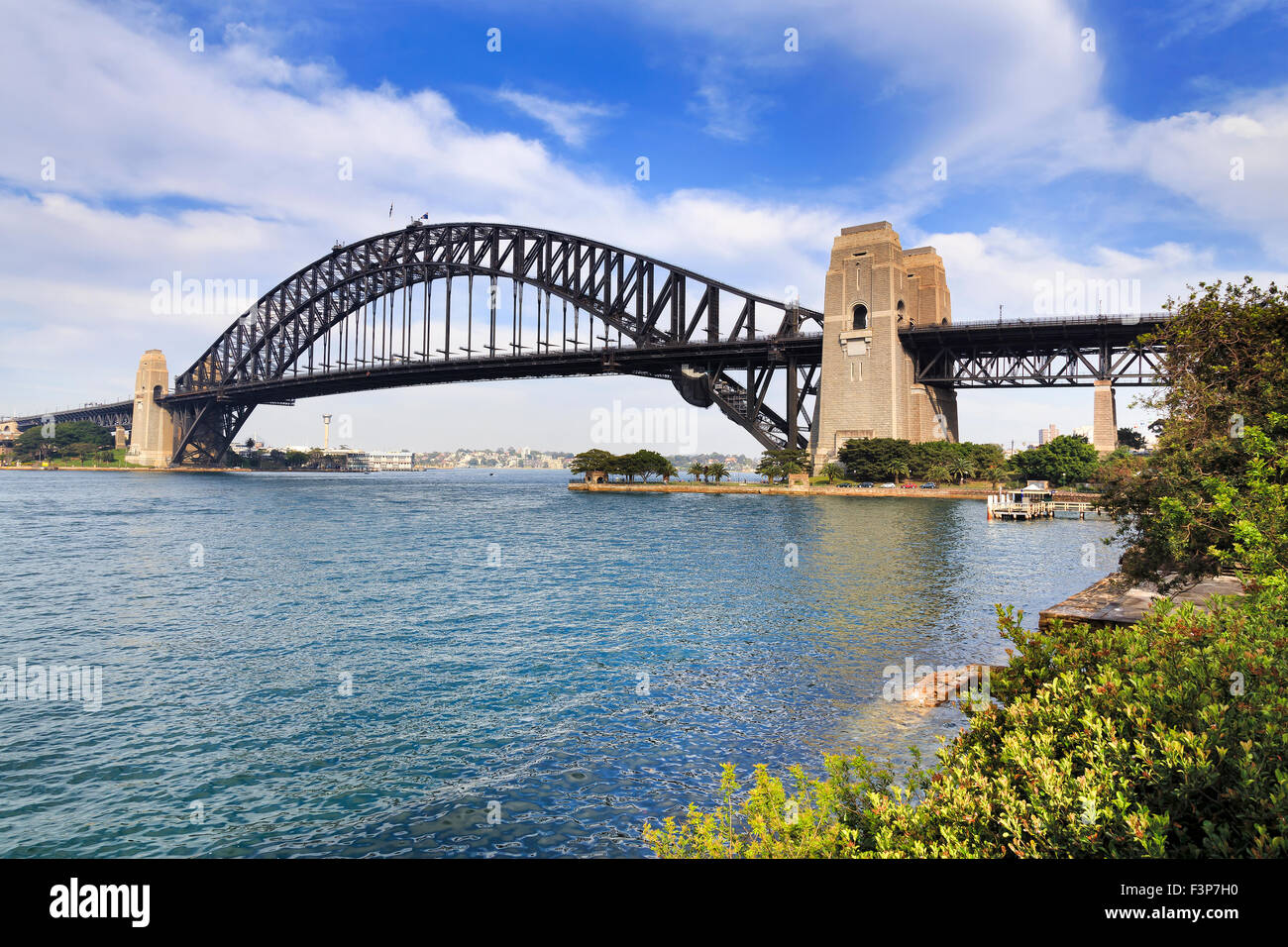 side-view of Sydney Harbour bridge from milsons point on bright summer ...