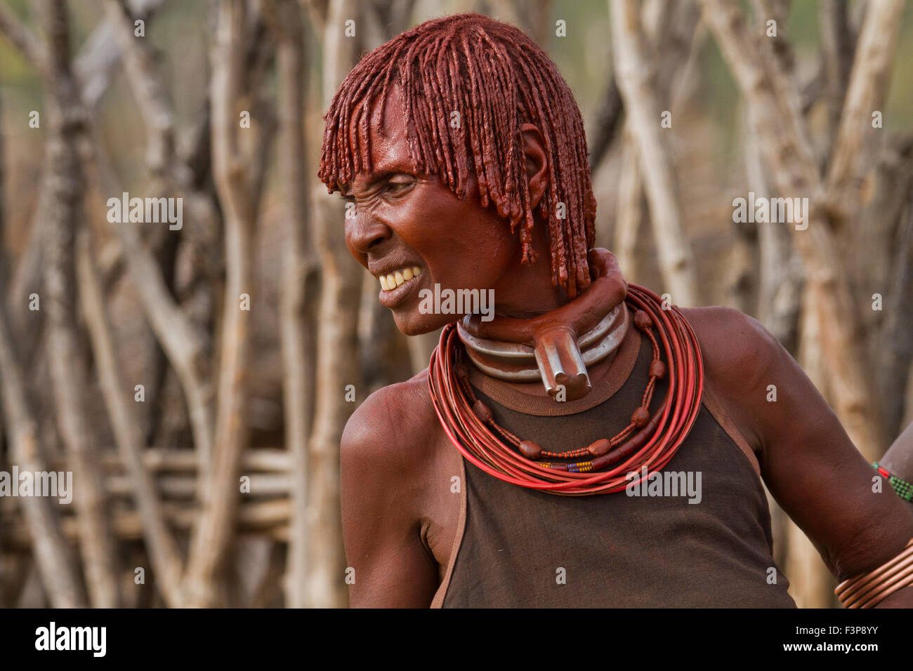 Africa, Ethiopia, Omo River Valley Hamer Tribe woman. The hair is ...