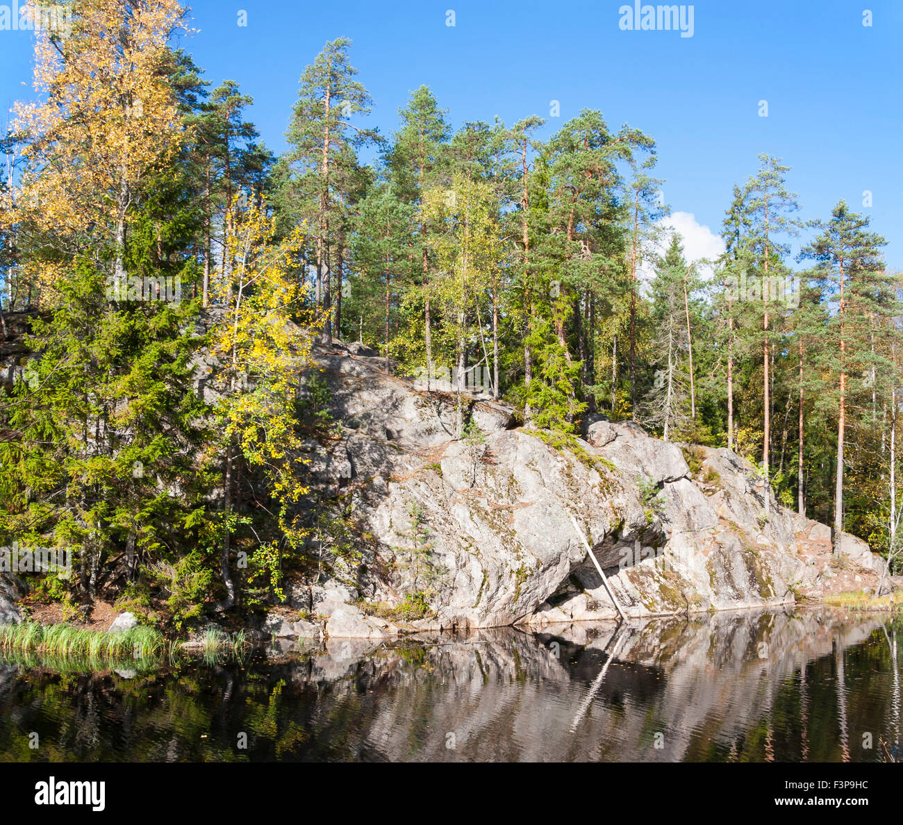 Big cliff surrounded by forest aside lake Stock Photo - Alamy