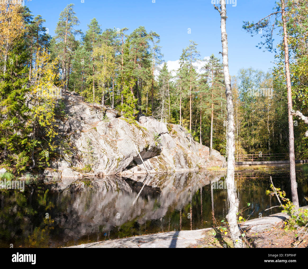 Big cliff surrounded by forest aside lake Stock Photo - Alamy