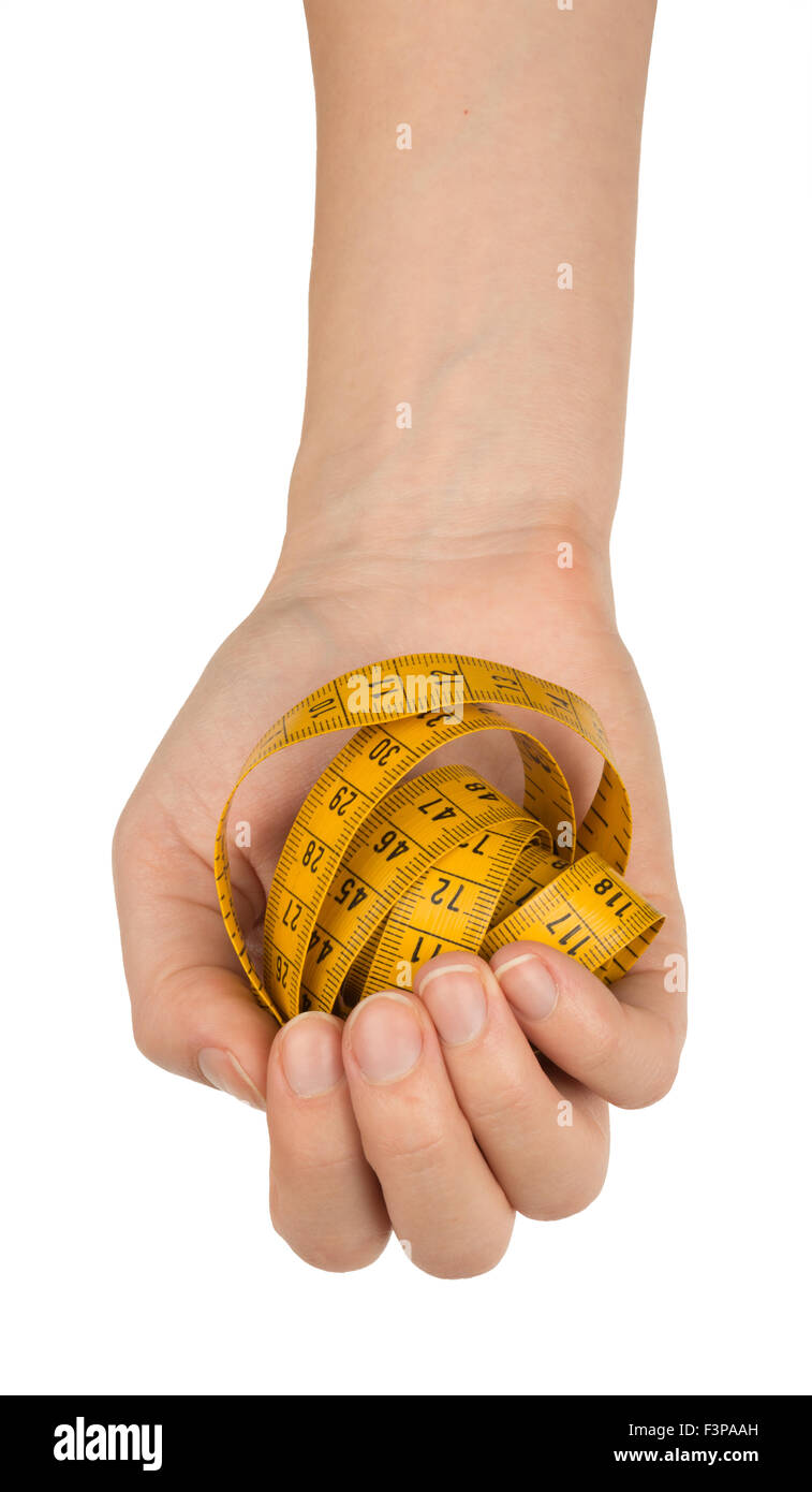 Womans arm holding tape measure, top view Stock Photo - Alamy