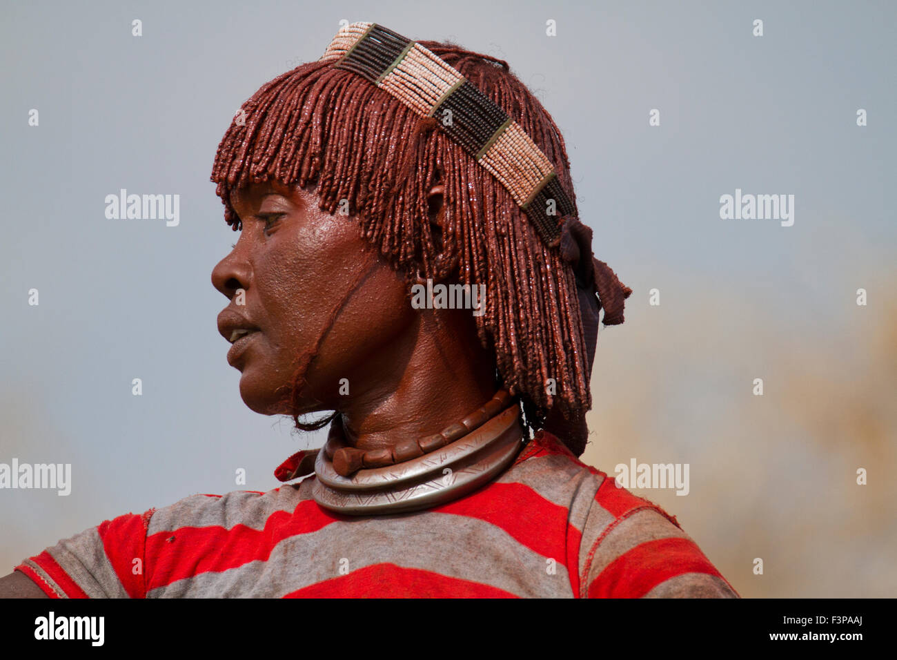 Africa, Ethiopia, Omo River Valley Hamer Tribe woman. The hair is ...