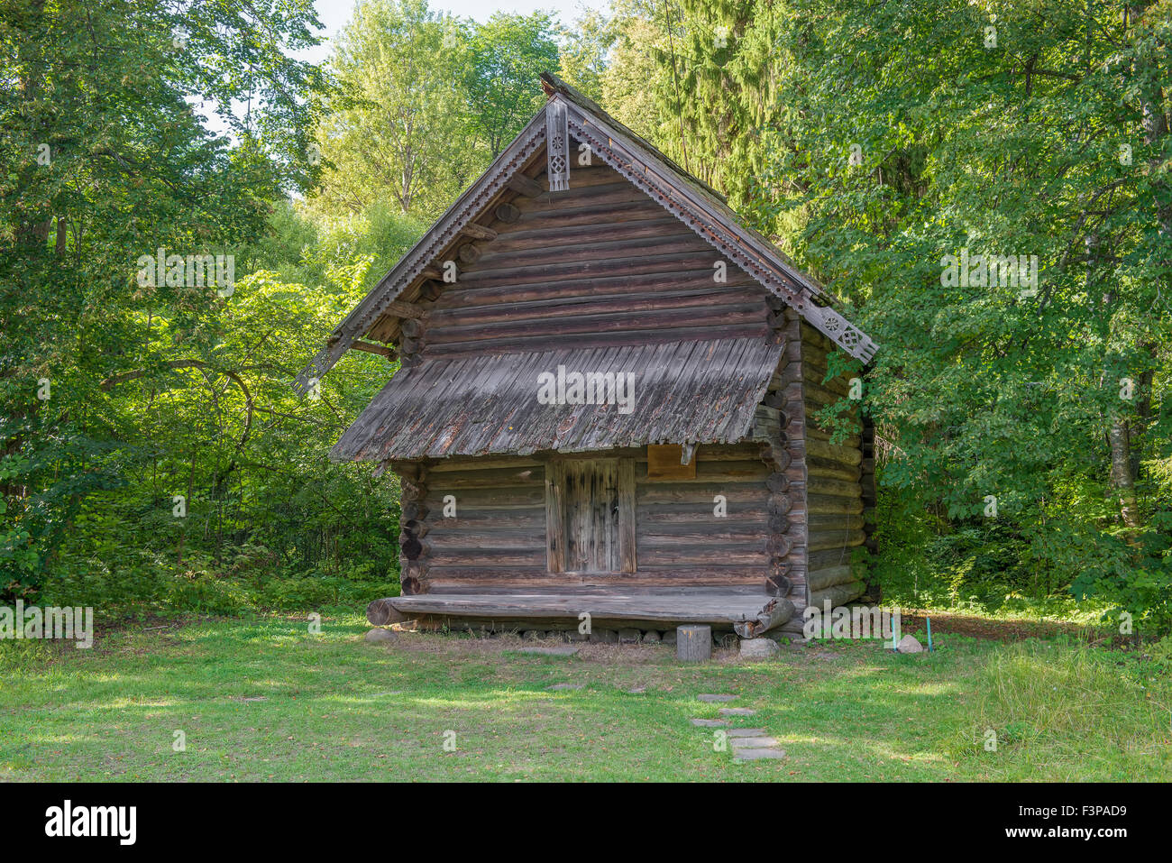 Two storey barn with a canopy from the 19th century. Vasilevo, Tver ...