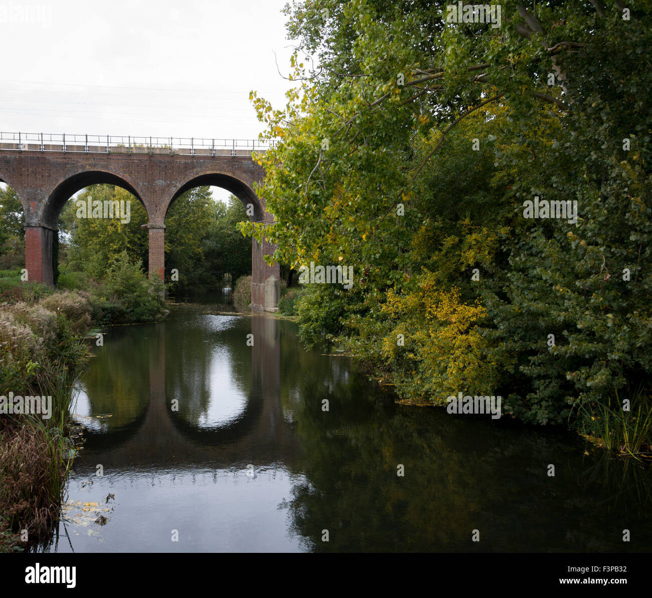 railway bridge over river cann , central park, chelmsford essex uk ...