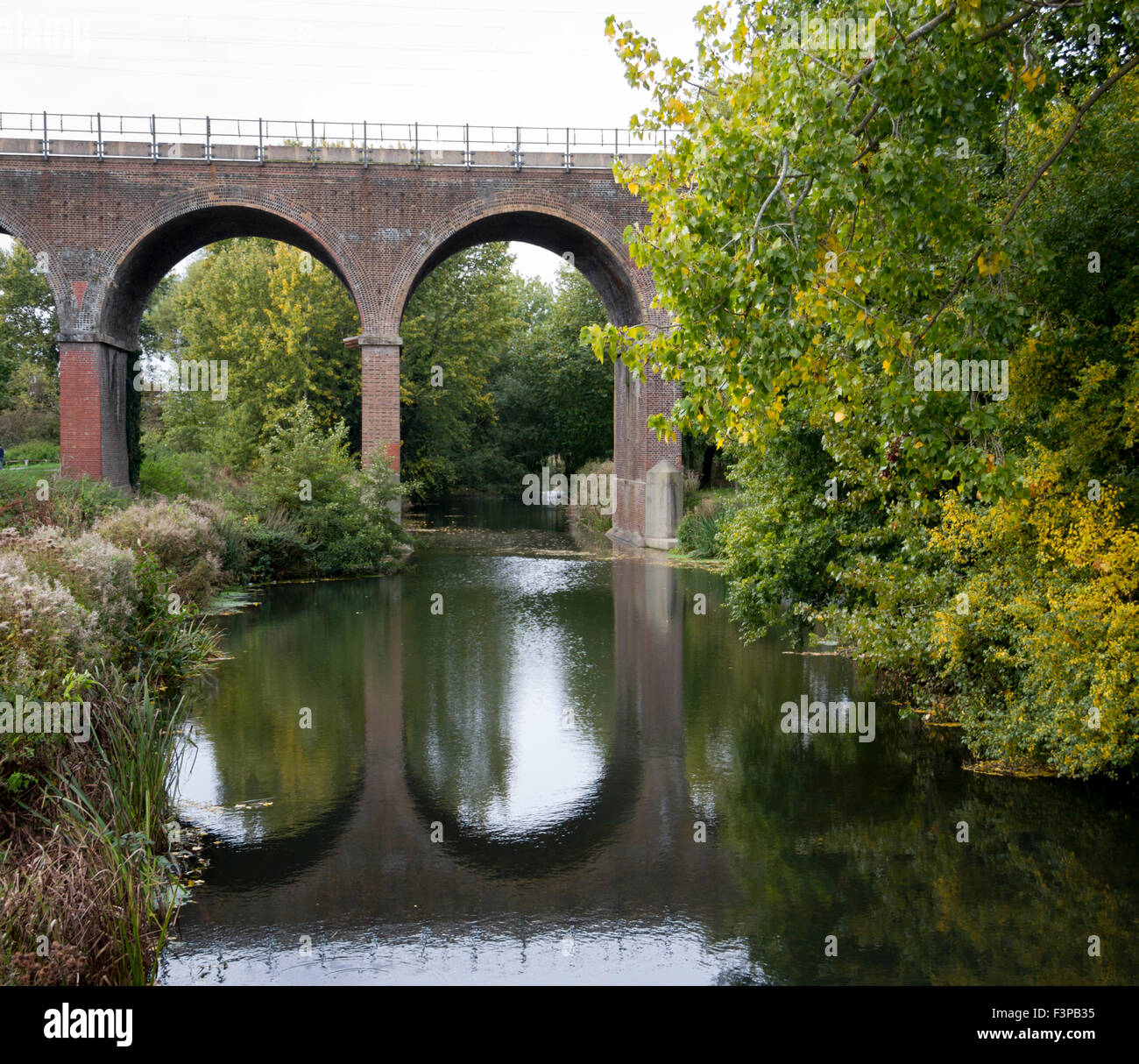 railway bridge over river cann , central park, chelmsford essex uk ...