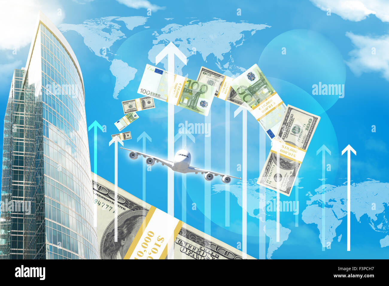Business center with world map and arrows Stock Photo - Alamy