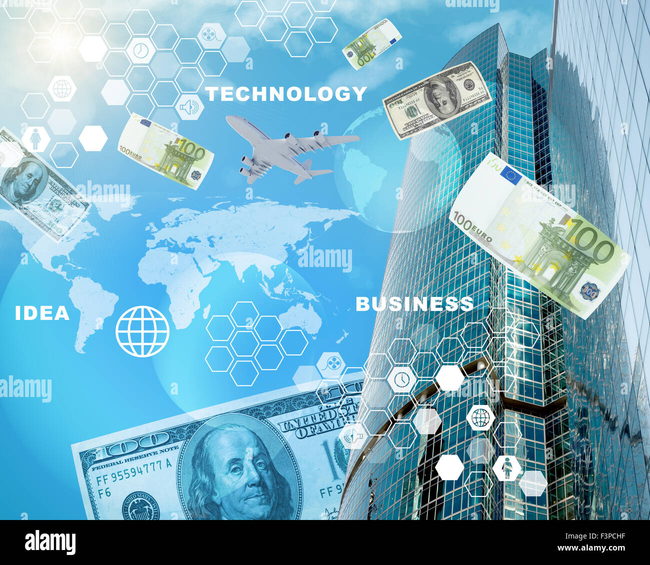 World map with money and skyscraper Stock Photo - Alamy