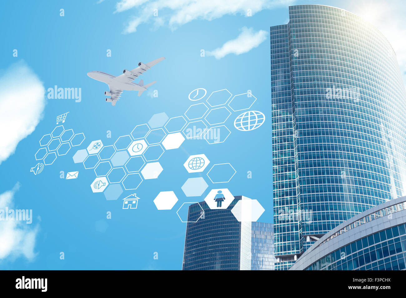 World map with icons and skyscraper Stock Photo - Alamy