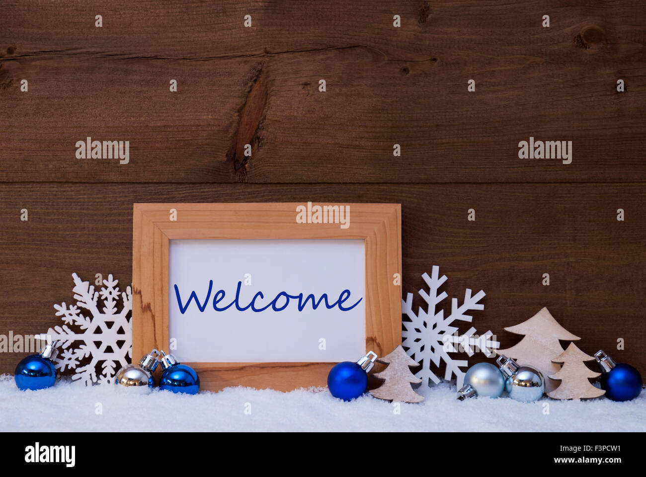 Blue Christmas Decoration, Snow, Welcome Stock Photo - Alamy