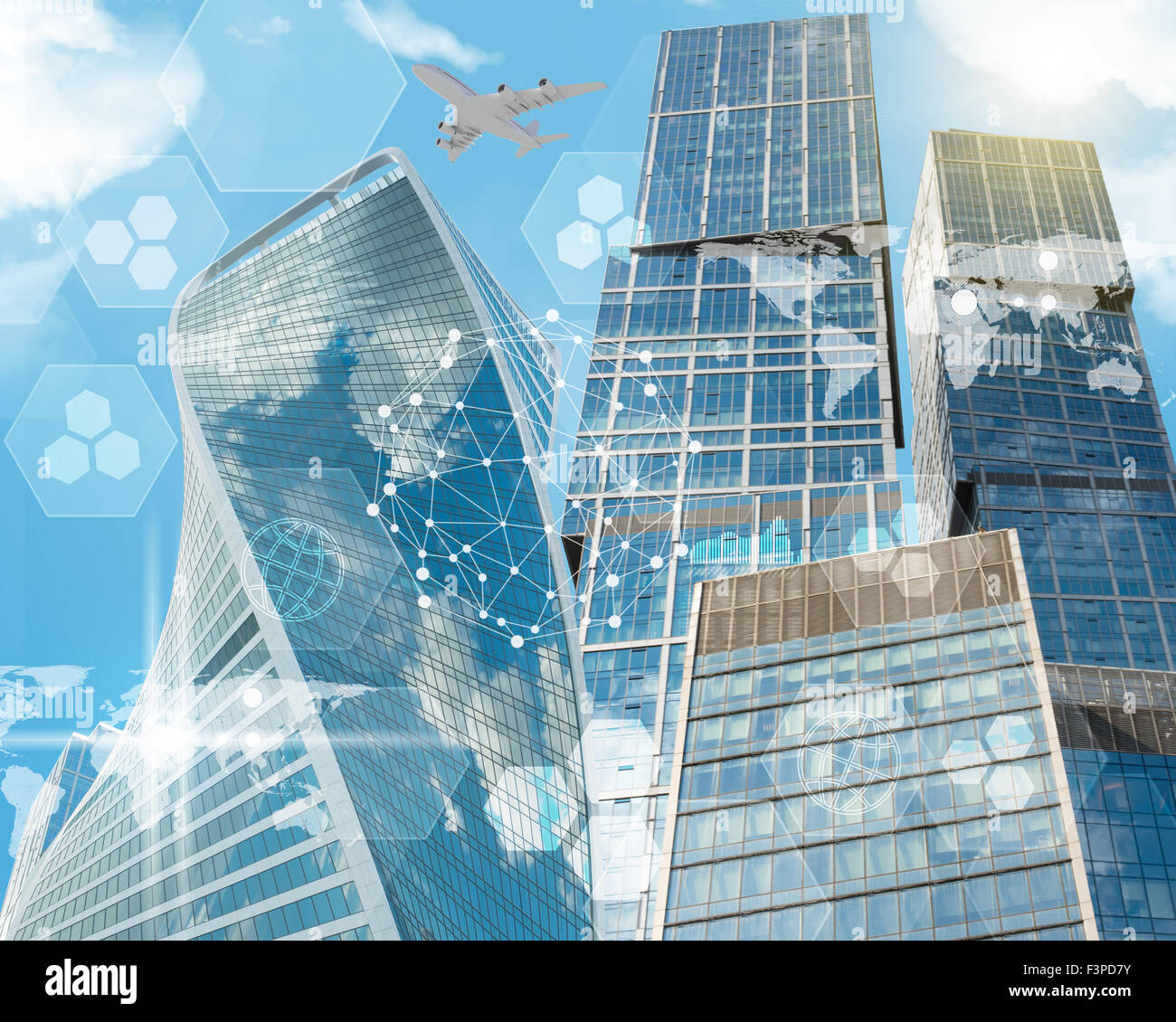 World map with business city and jet Stock Photo - Alamy