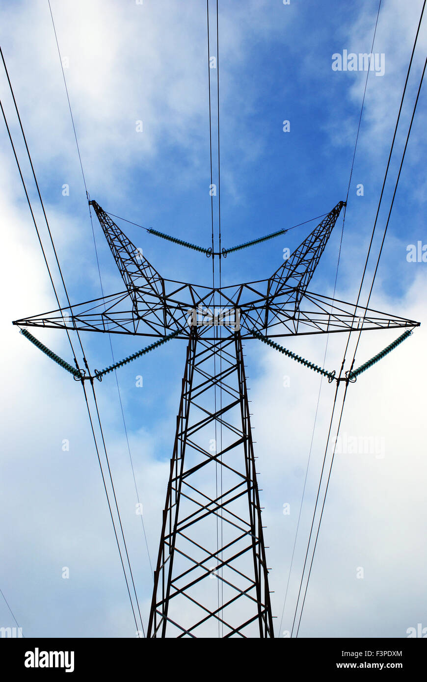 High voltage power lines at cabling tower Stock Photo - Alamy