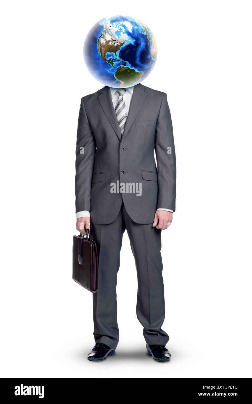 Businessmans body with Earth instead head on white Stock Photo - Alamy