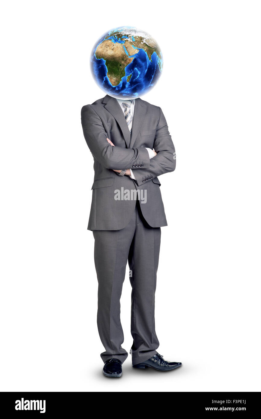 Man with Earth instead head and crossed arms Stock Photo - Alamy