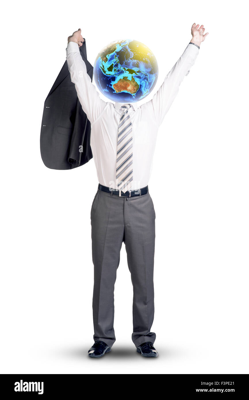 Man with Earth instead head in winner posture Stock Photo - Alamy
