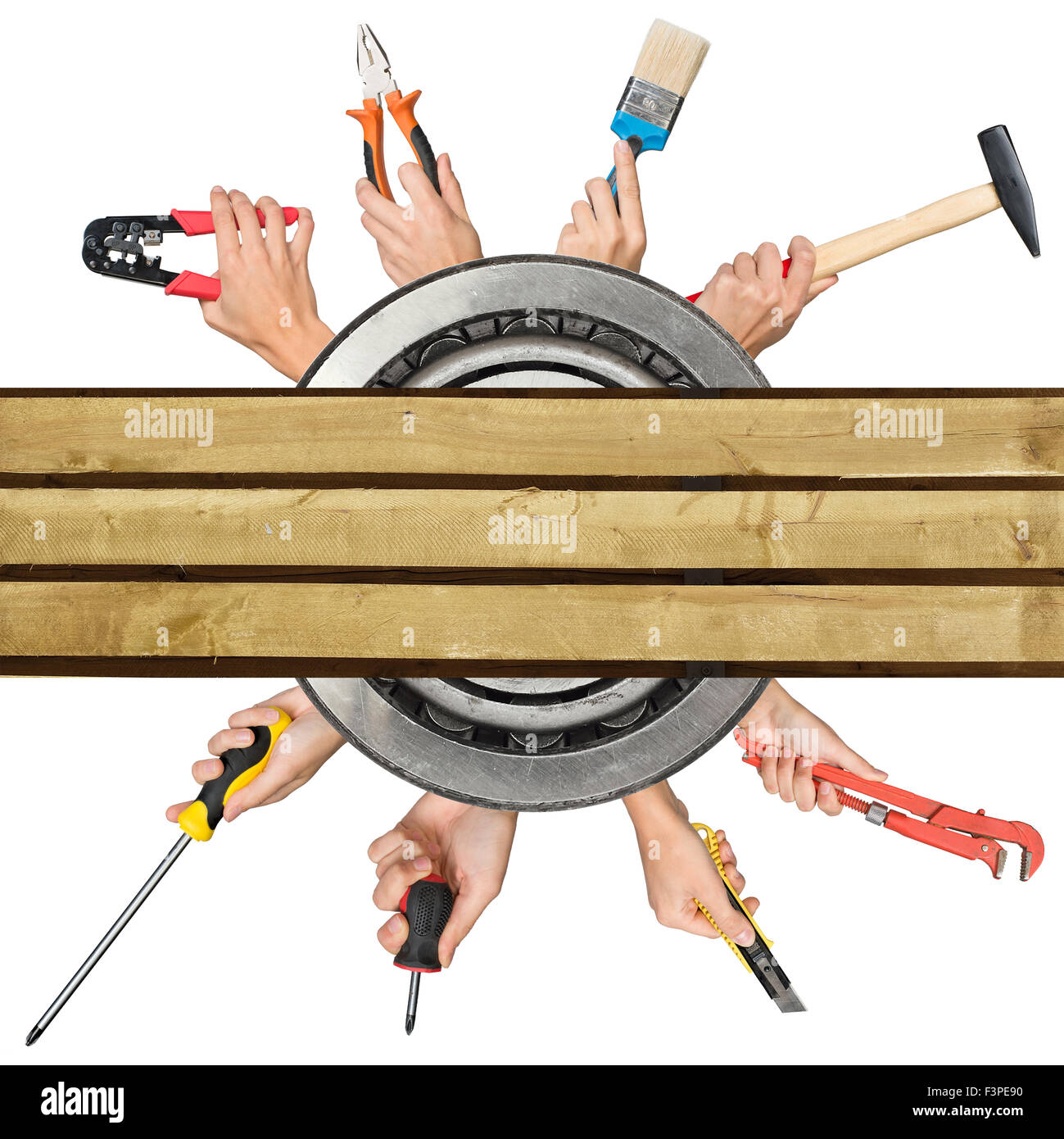 Humans hands holding tools on white Stock Photo - Alamy